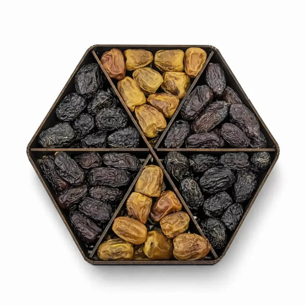 Classic Assorted Dates Box – 6 Portion Dark Brown Hexagon